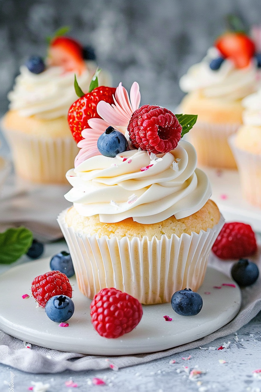 Delicious Angel Food Cupcakes Recipe with Whipped Cream and Berries